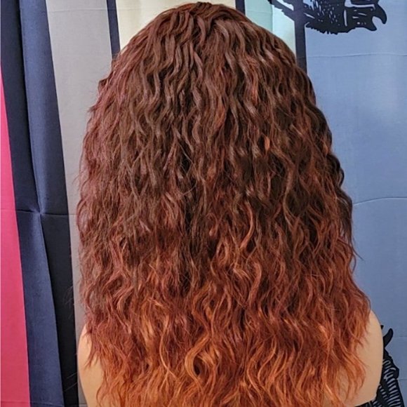 Hair | Wavy Rusty Brown Burgundy Wig Kinky Side Part And Natural ...